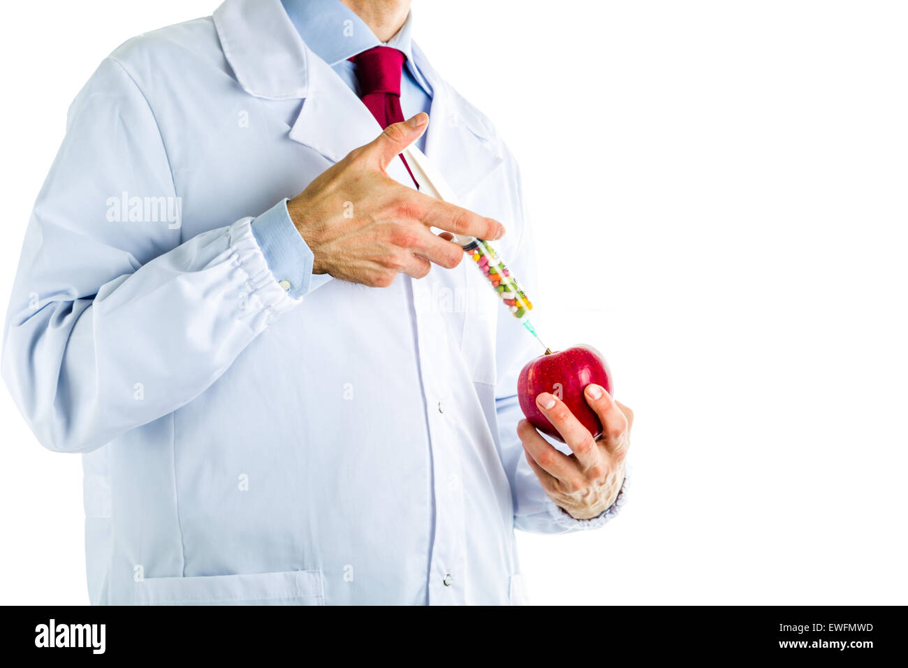 Caucasian male doctor dressed in white coat, blue shirt and red tie is ...