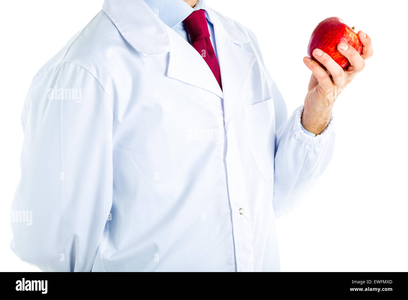 Caucasian male doctor dressed in white coat, blue shirt and red tie is ...