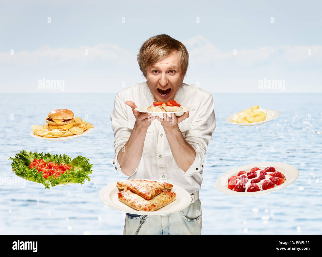 Man and meal choices, the plates hovering in mid air Stock Photo - Alamy