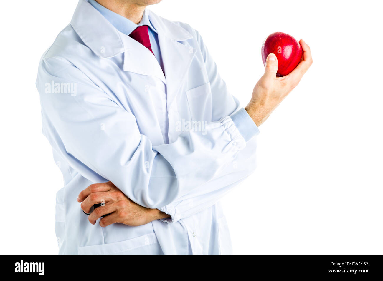 Caucasian male doctor dressed in white coat, blue shirt and red tie is ...