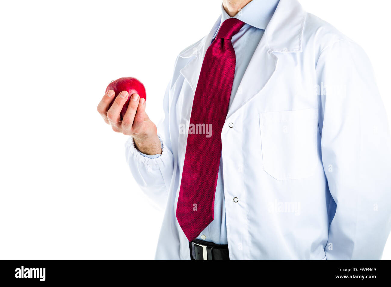 Caucasian male doctor dressed in white coat, blue shirt and red tie is ...
