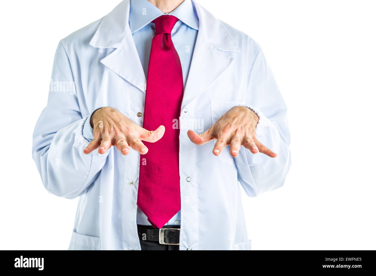 Caucasian male doctor dressed in white coat, blue shirt and red tie is ...