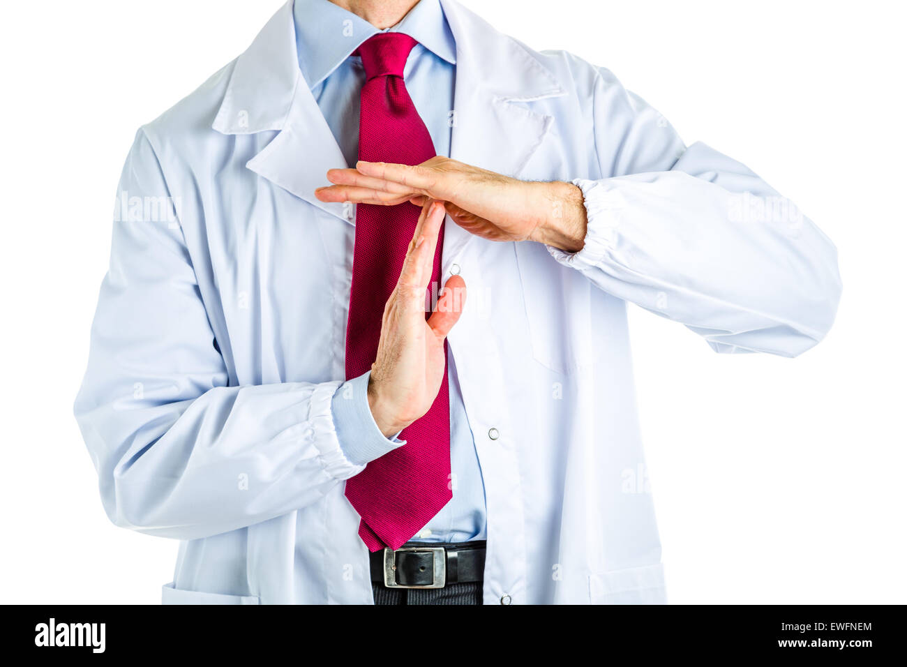 Caucasian male doctor dressed in white coat, blue shirt and red tie is ...