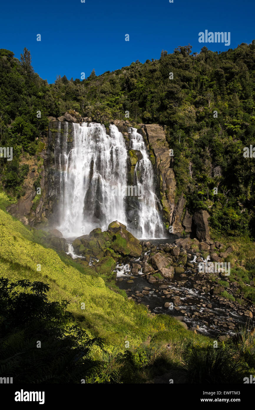 Marokopa falls waterfall near to Waitomo in New Zealand on a summers ...