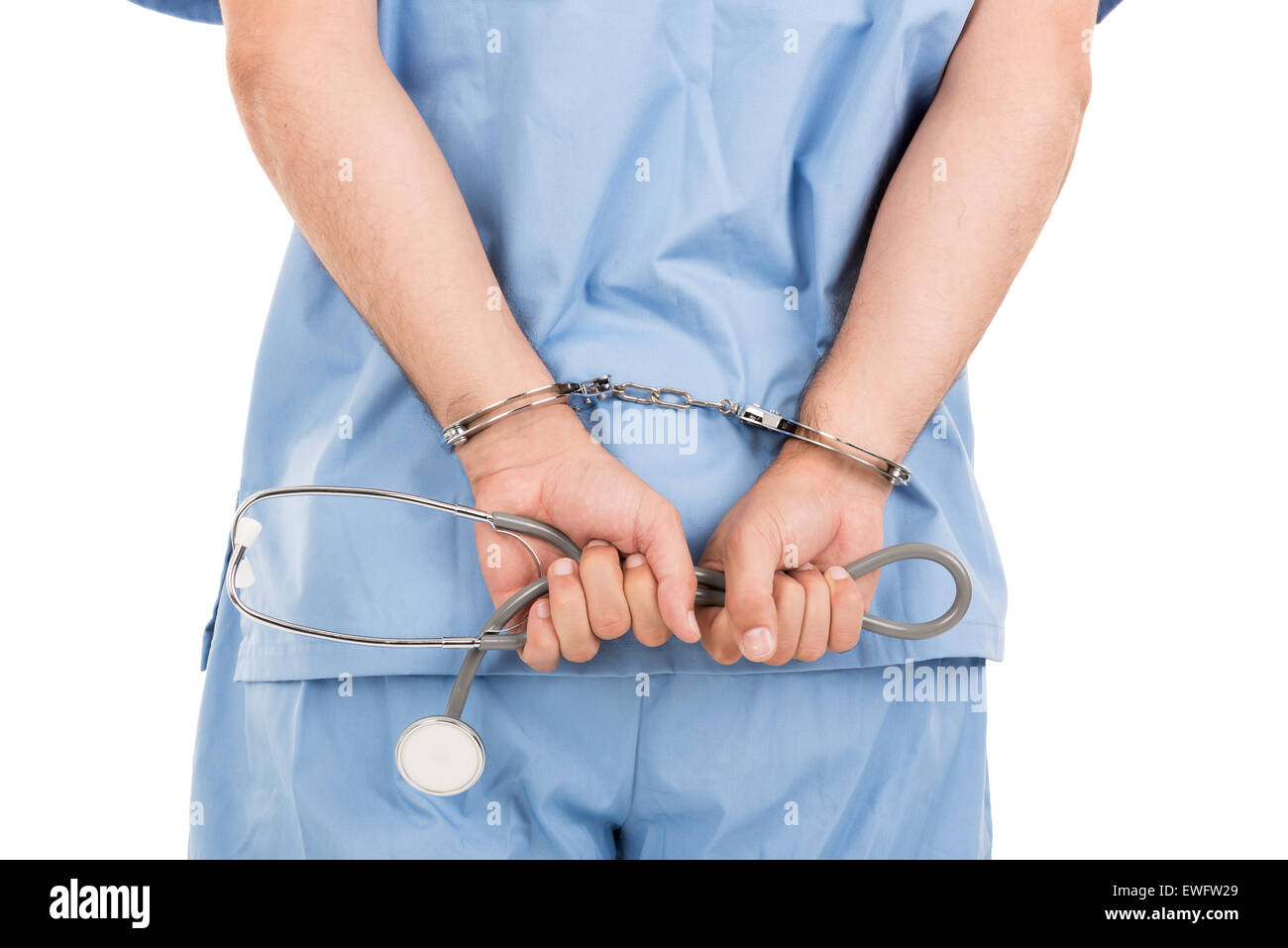 Male doctor body-part in handcuffs isolated in a white background Stock ...