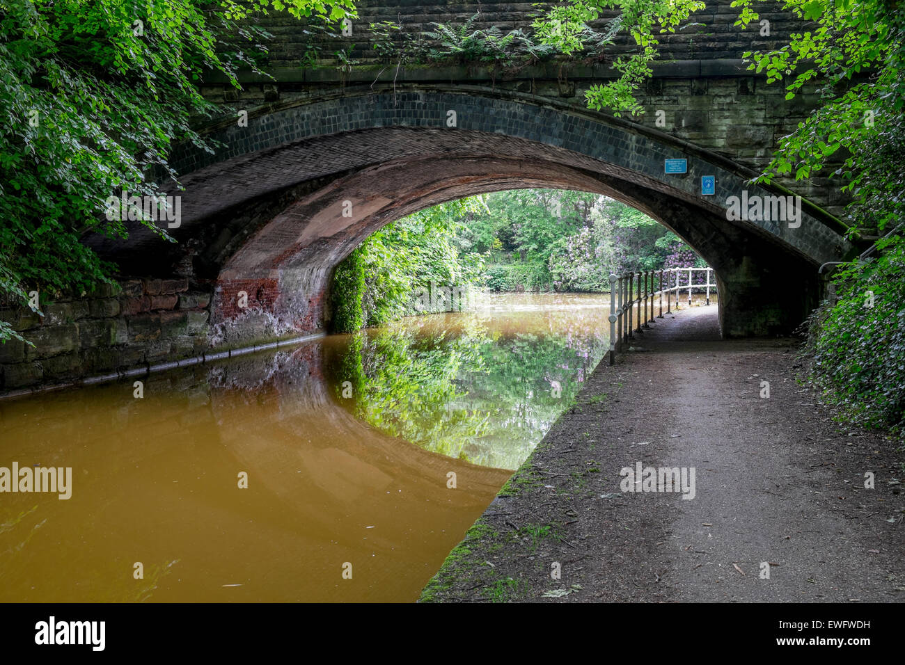 Bridgewater Canal going under a bridge with tow path and railings Stock ...