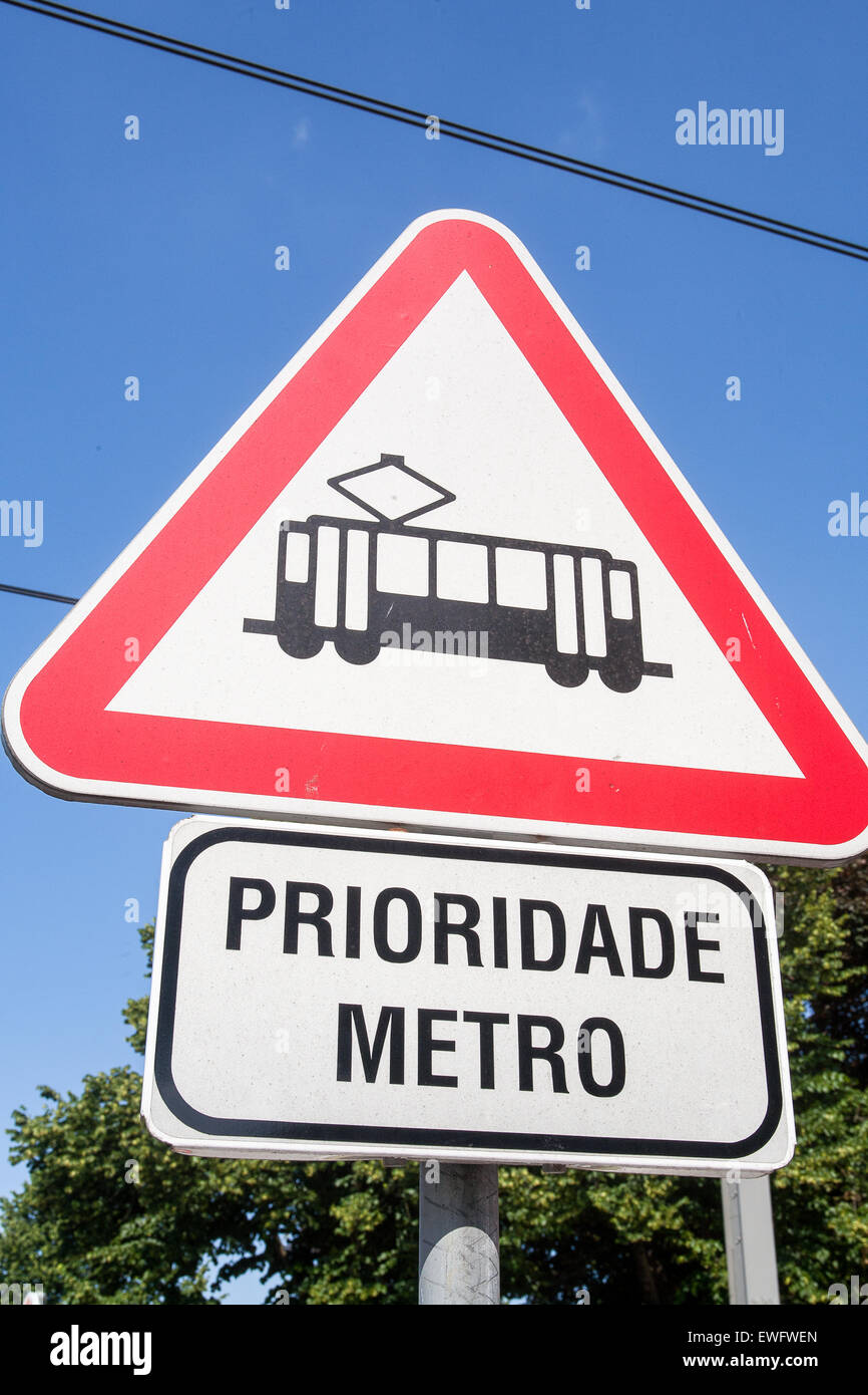 Portugese sign for priority to metro. Porto, also known as Oporto, is ...