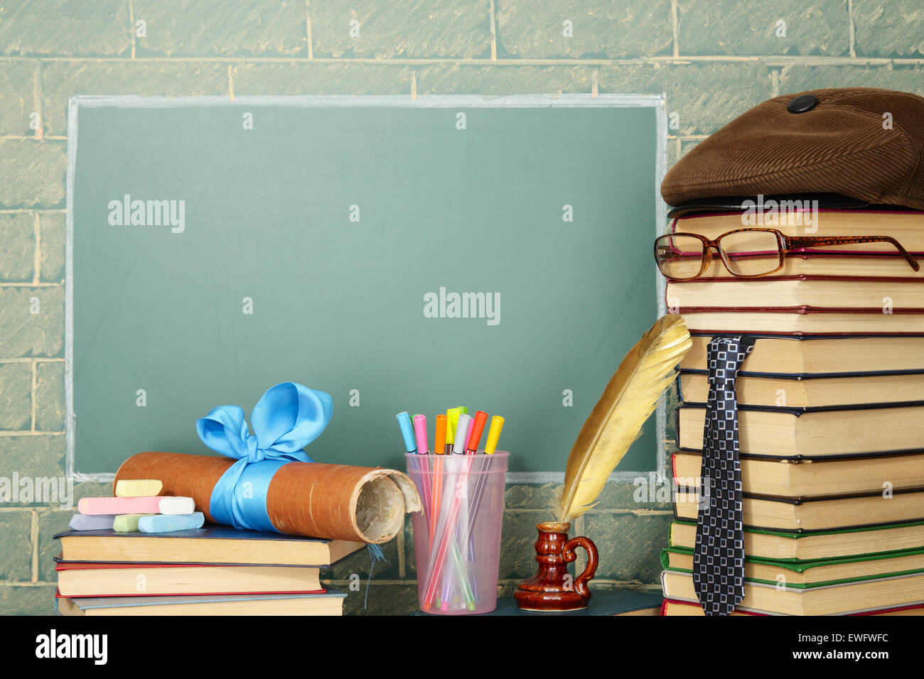 Unusual jesting teacher, books, quill, pen, scroll, chalk before ...