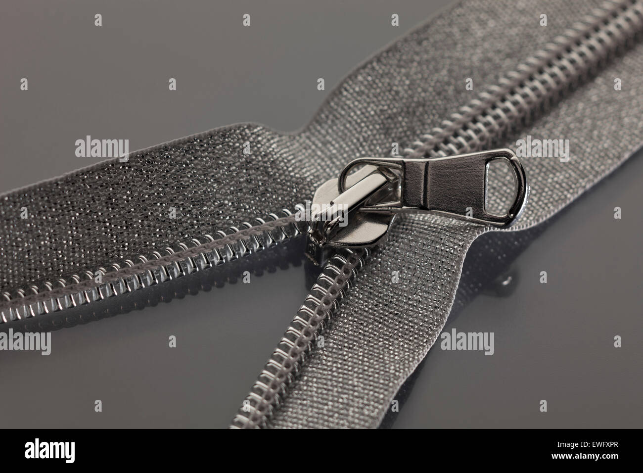 studio photography of gray silver zipper opened on a half to a gray ...