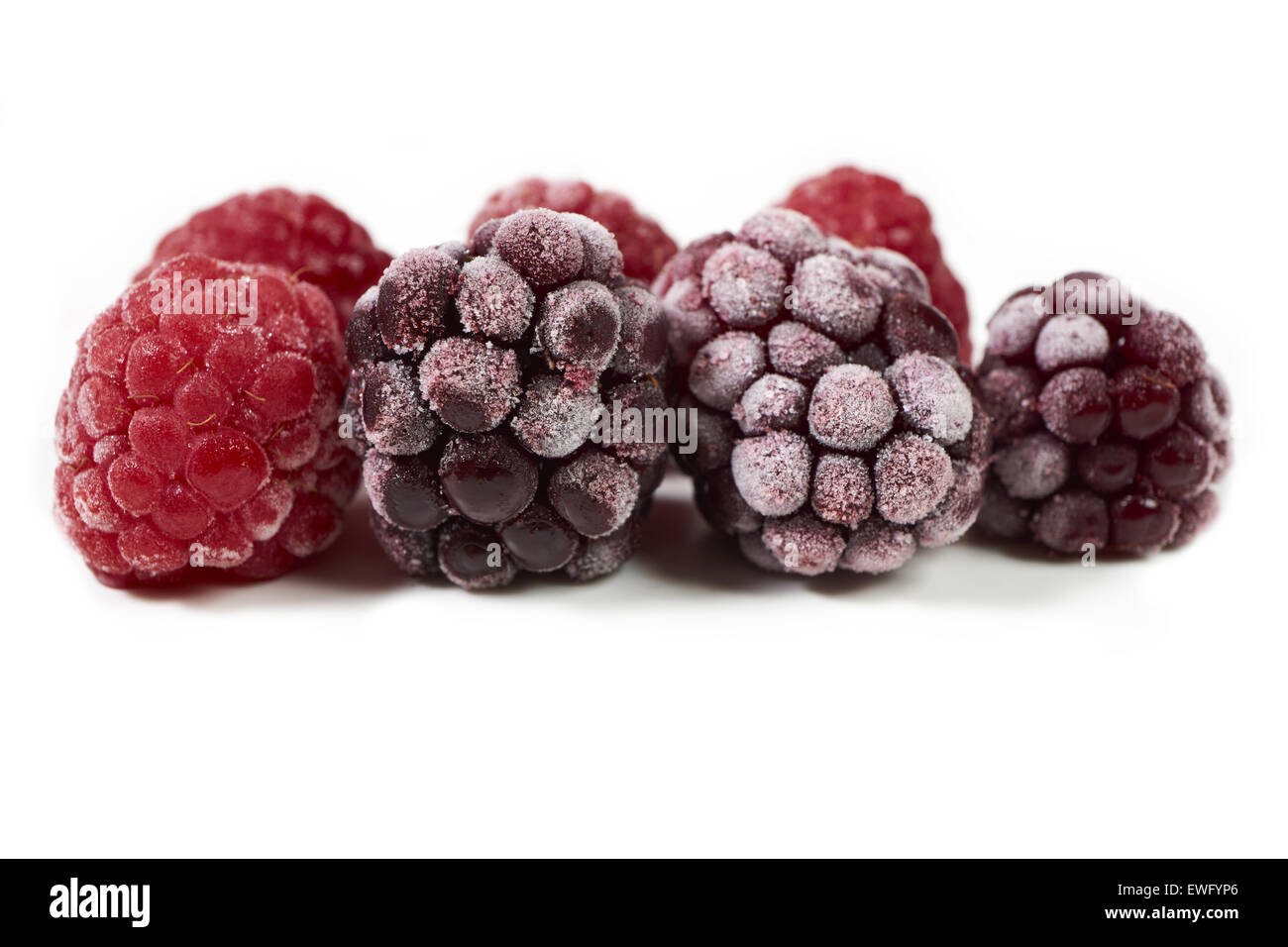 Macro shot of some frozen blackberries and raspberries on white ...