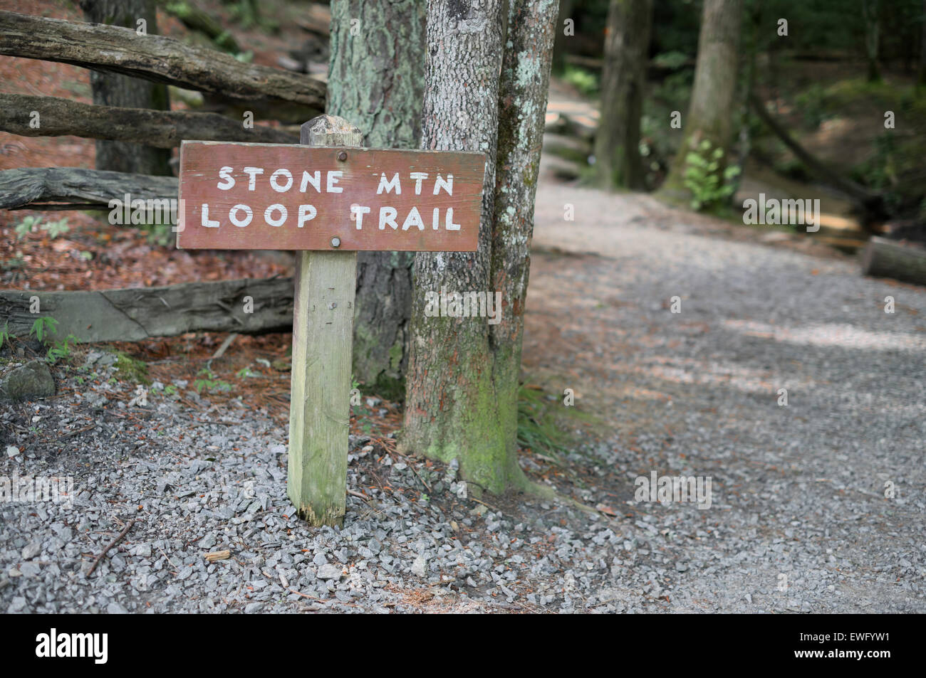 trail sign for Stone Mountain Loop trail. Stone Mountain State Park in ...