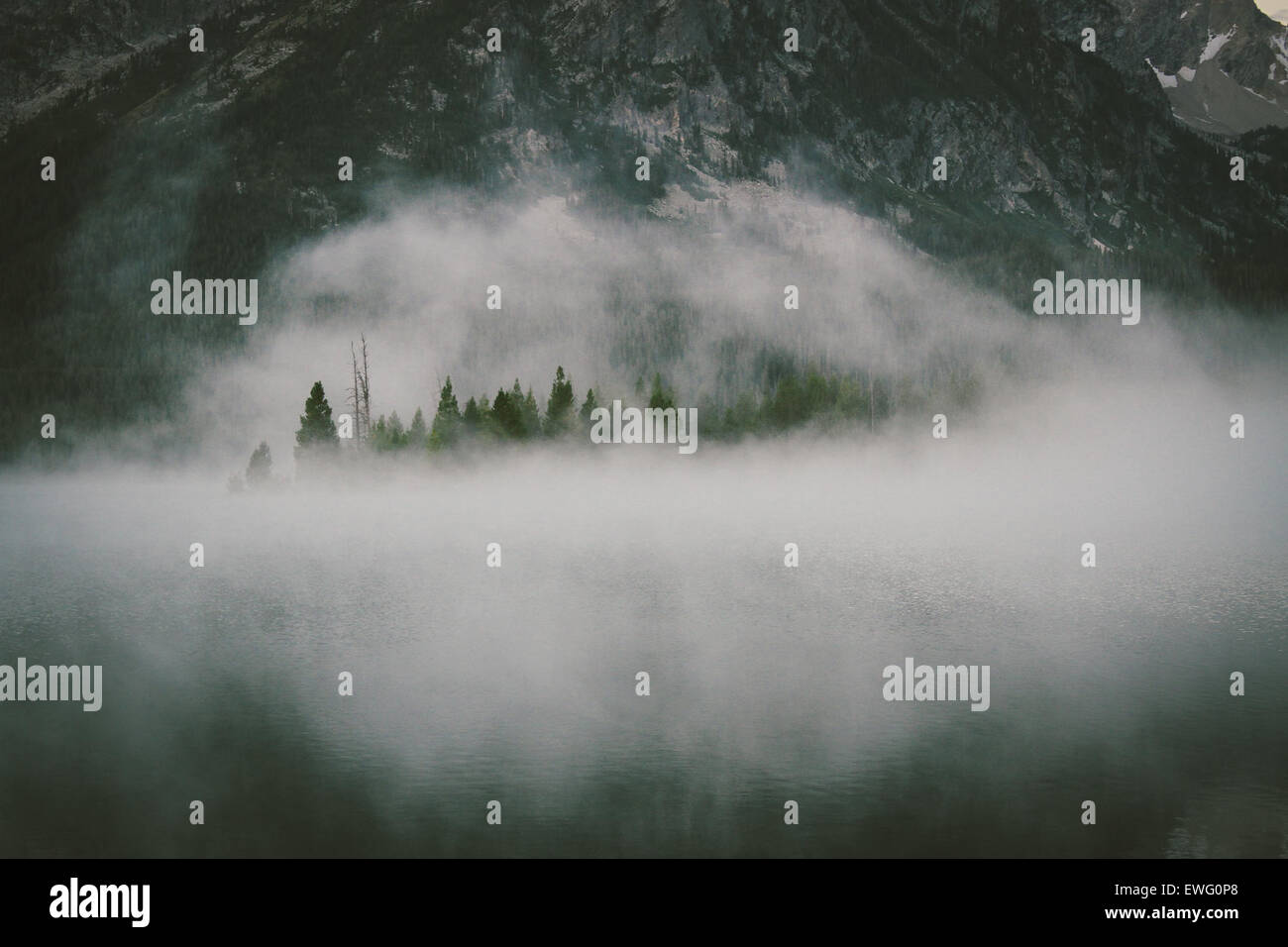 A misty scene of fog rolling over water near a mountain forest ...
