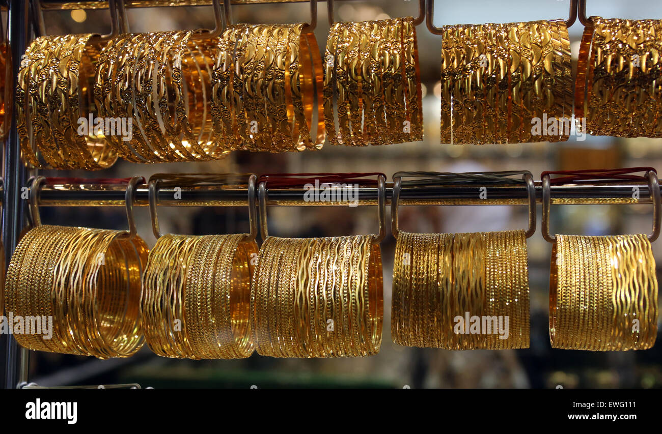 Dubai, United Arab Emirates, golden bracelets in a shop window Stock ...