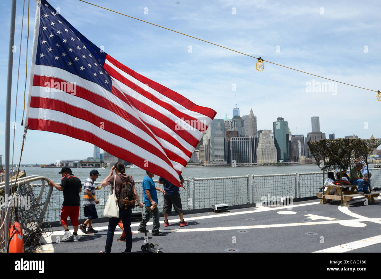 american US flag manhattan freedom tower ship Stock Photo - Alamy