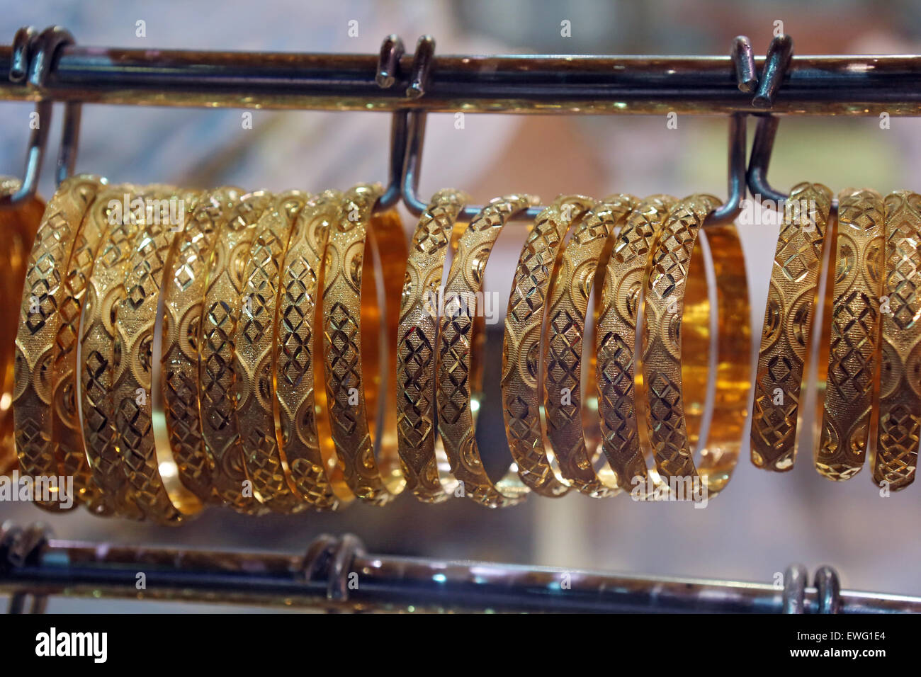 Dubai, United Arab Emirates, golden bracelets in a shop window Stock ...