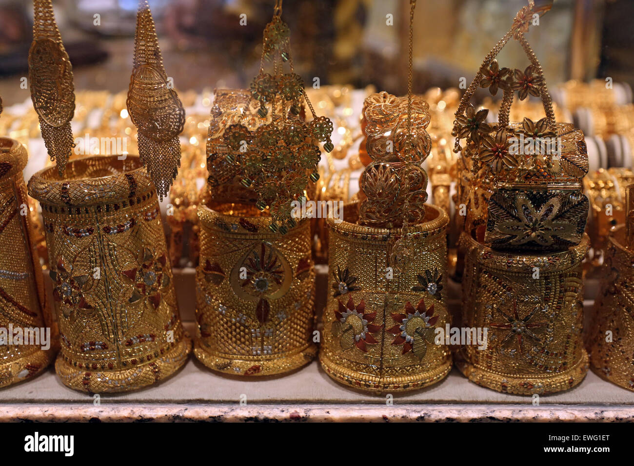 Dubai, United Arab Emirates, golden bracelets in a shop window Stock ...