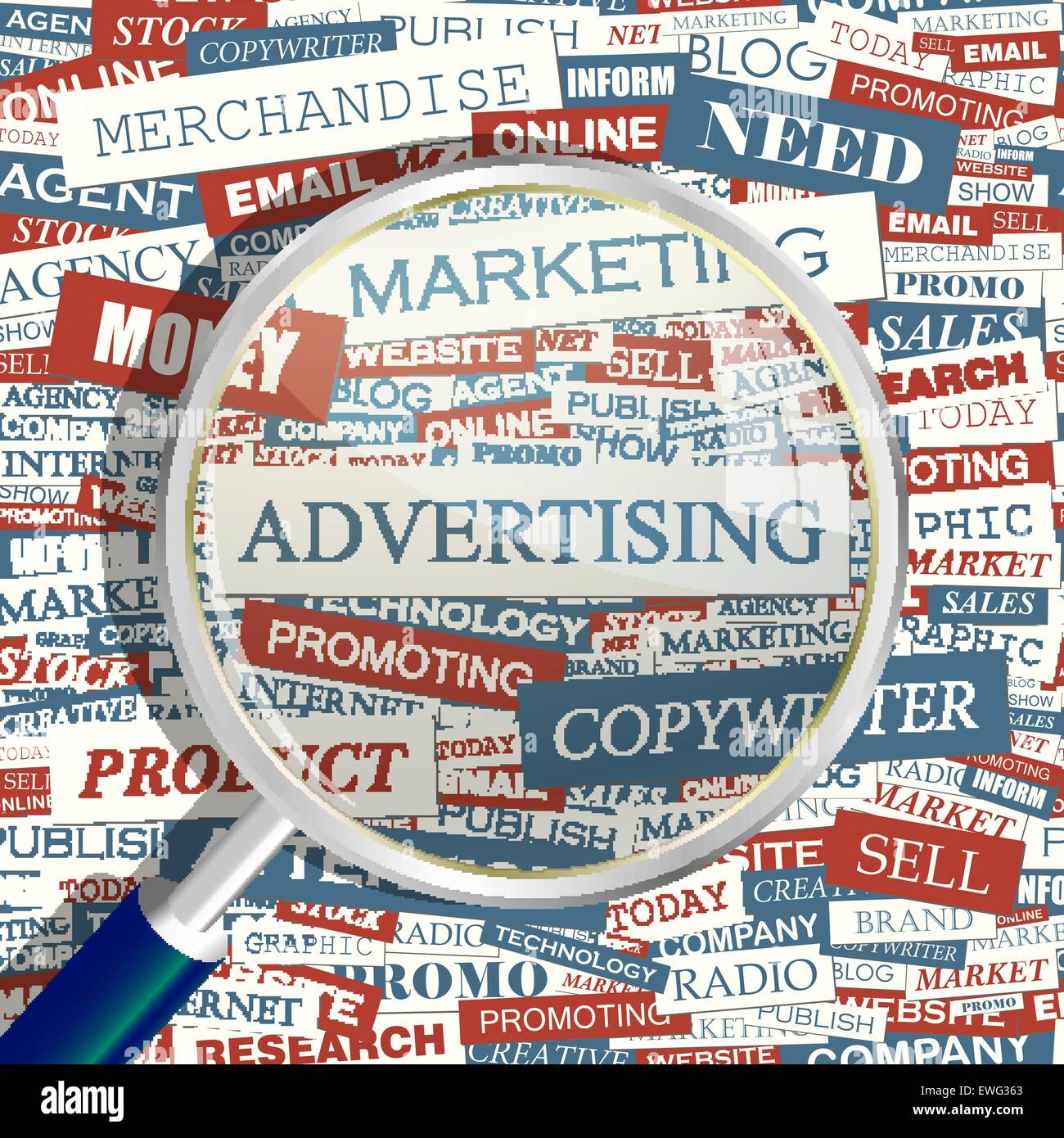 ADVERTISING. Concept related words in tag cloud. Conceptual info-text ...