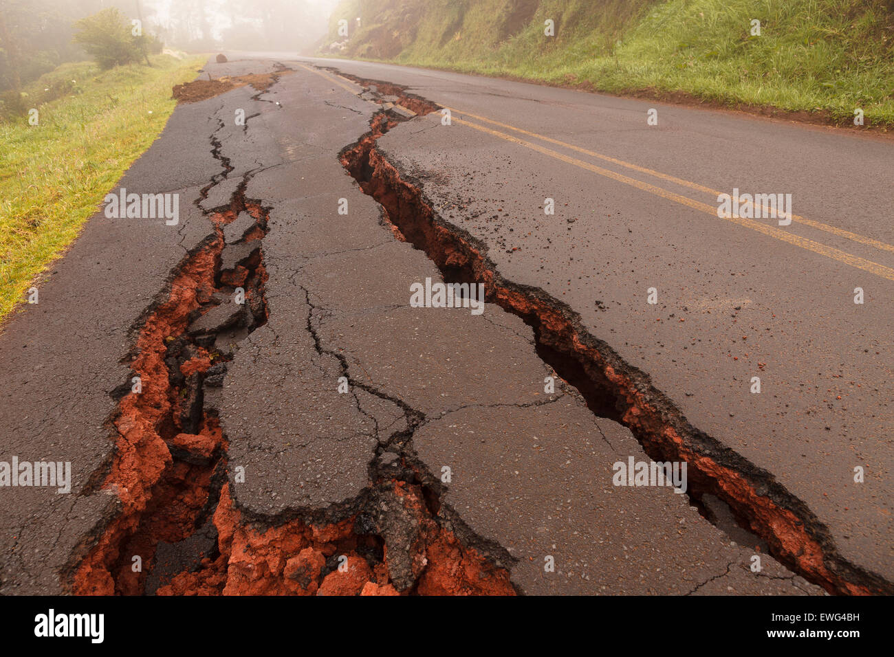 Road broken by earthquake near of Poas volcano. Vara Blanca village ...