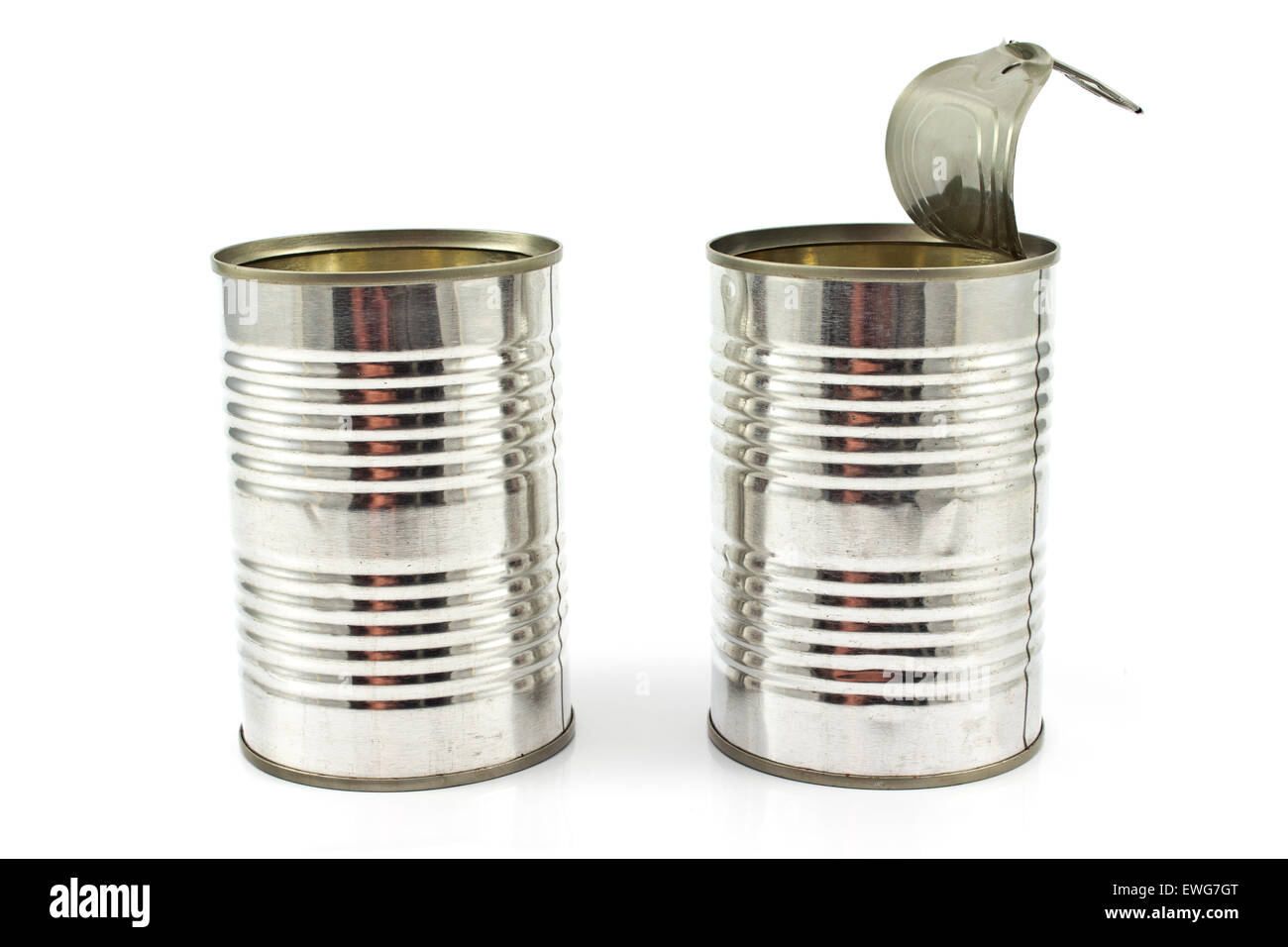 Two open empty tin can isolated on white Stock Photo - Alamy