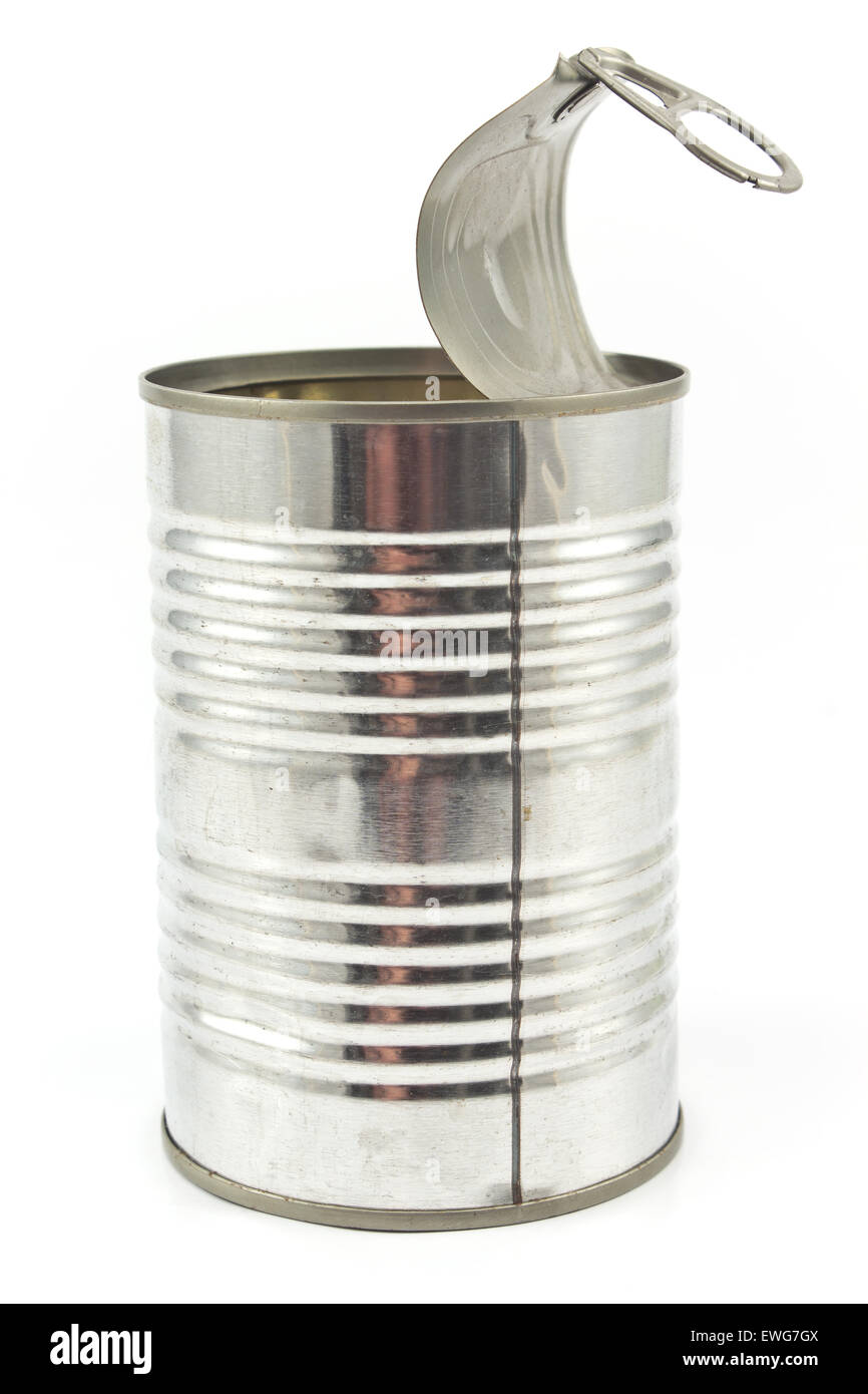 Open empty tin can isolated on white background Stock Photo - Alamy
