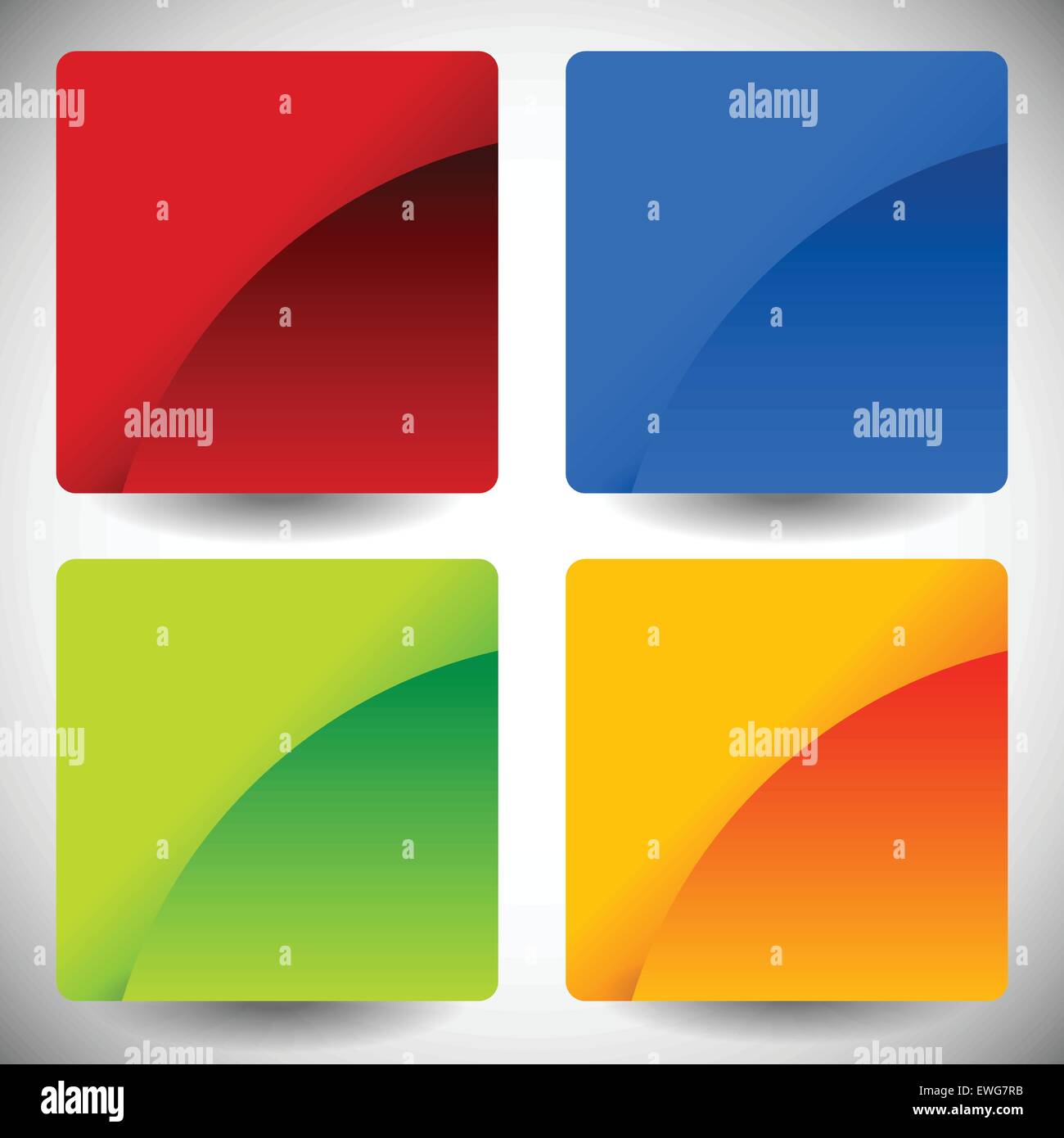 Blank glossy square buttons with rounded corners, vector. Set of 4 colors. Squares consist of 2 ...