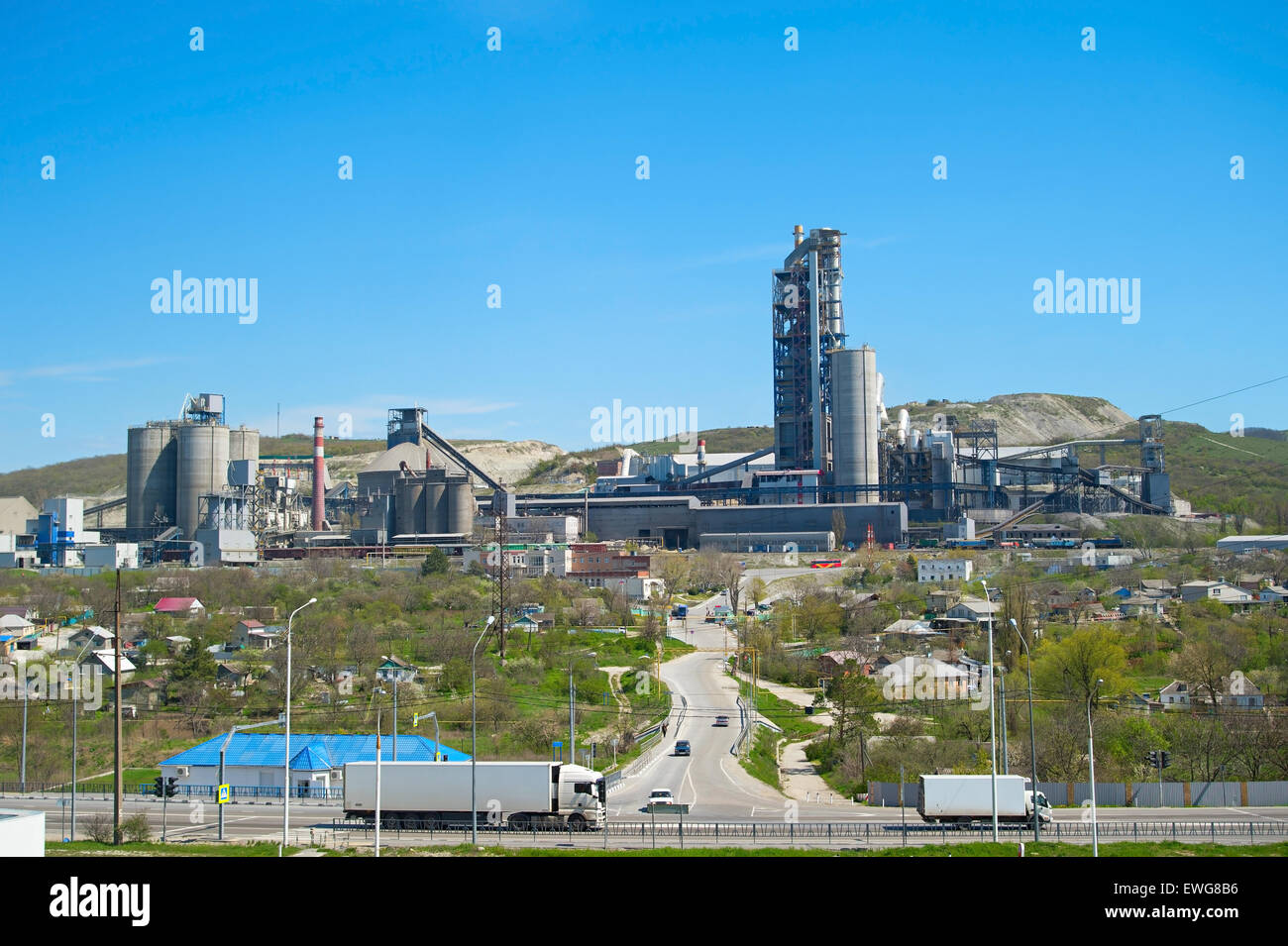 Panorama of concrete plant on a top of the hill. Russian Federation ...