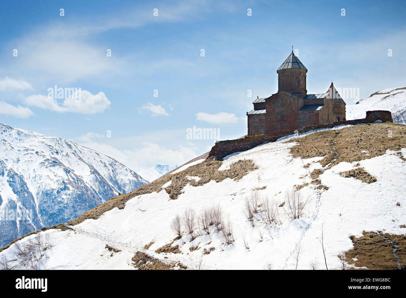Famous Holy Trinity Church near Stepantsminda village, Georgia Stock ...