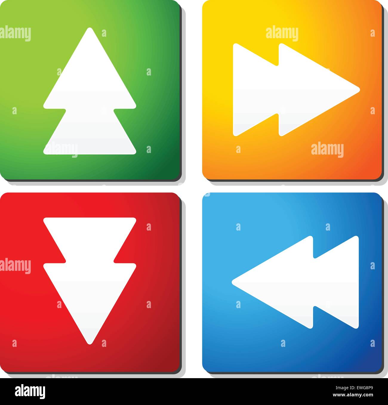 Double arrow symbols on colorful squares. Arrow buttons, arrow icons ...
