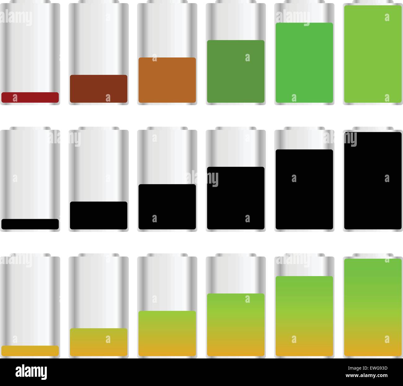 Battery level indicator set with 3 versions. Recharging, energy ...