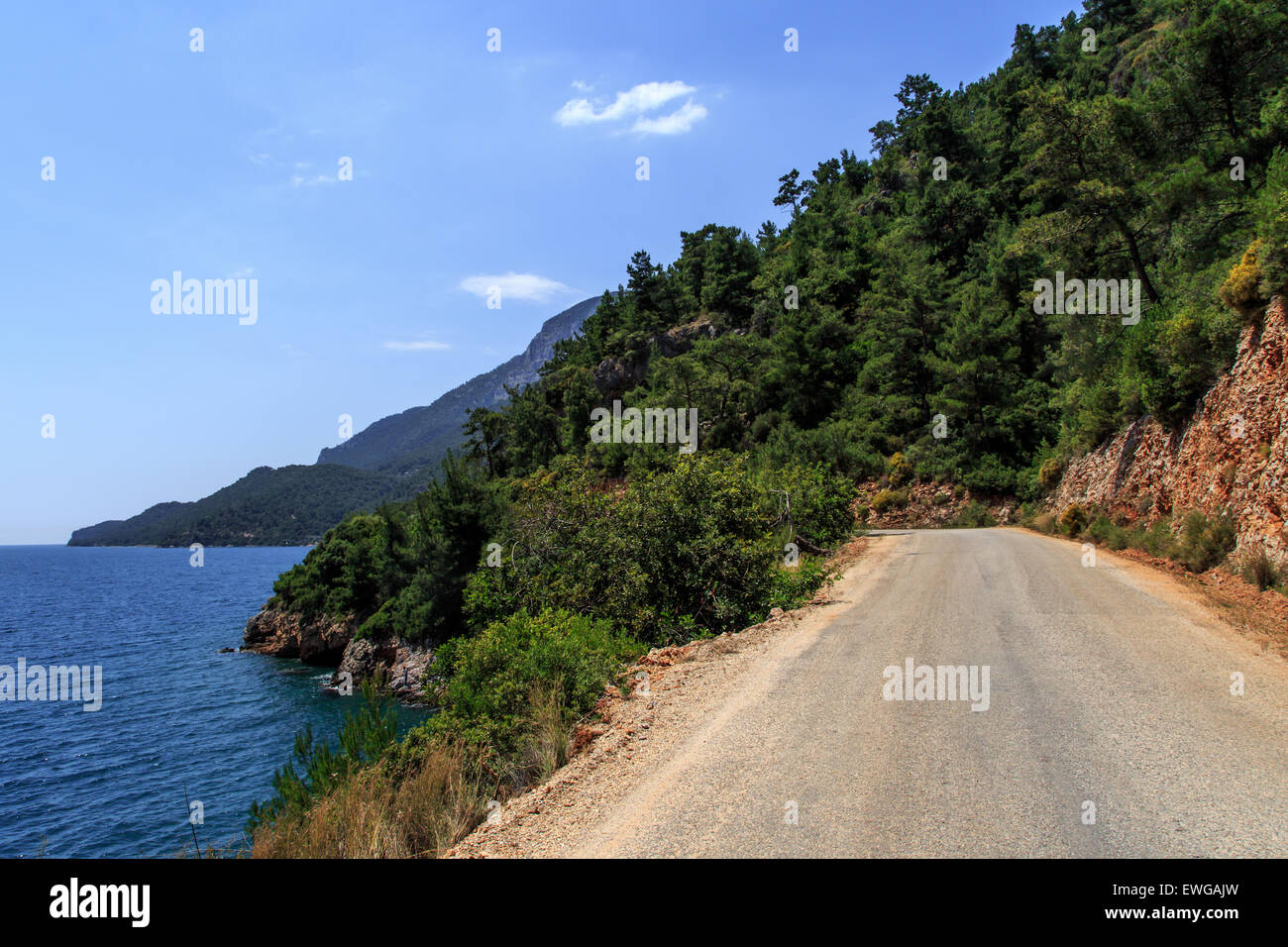 Front view of asphalt road with the view of blue sea and small trees ...
