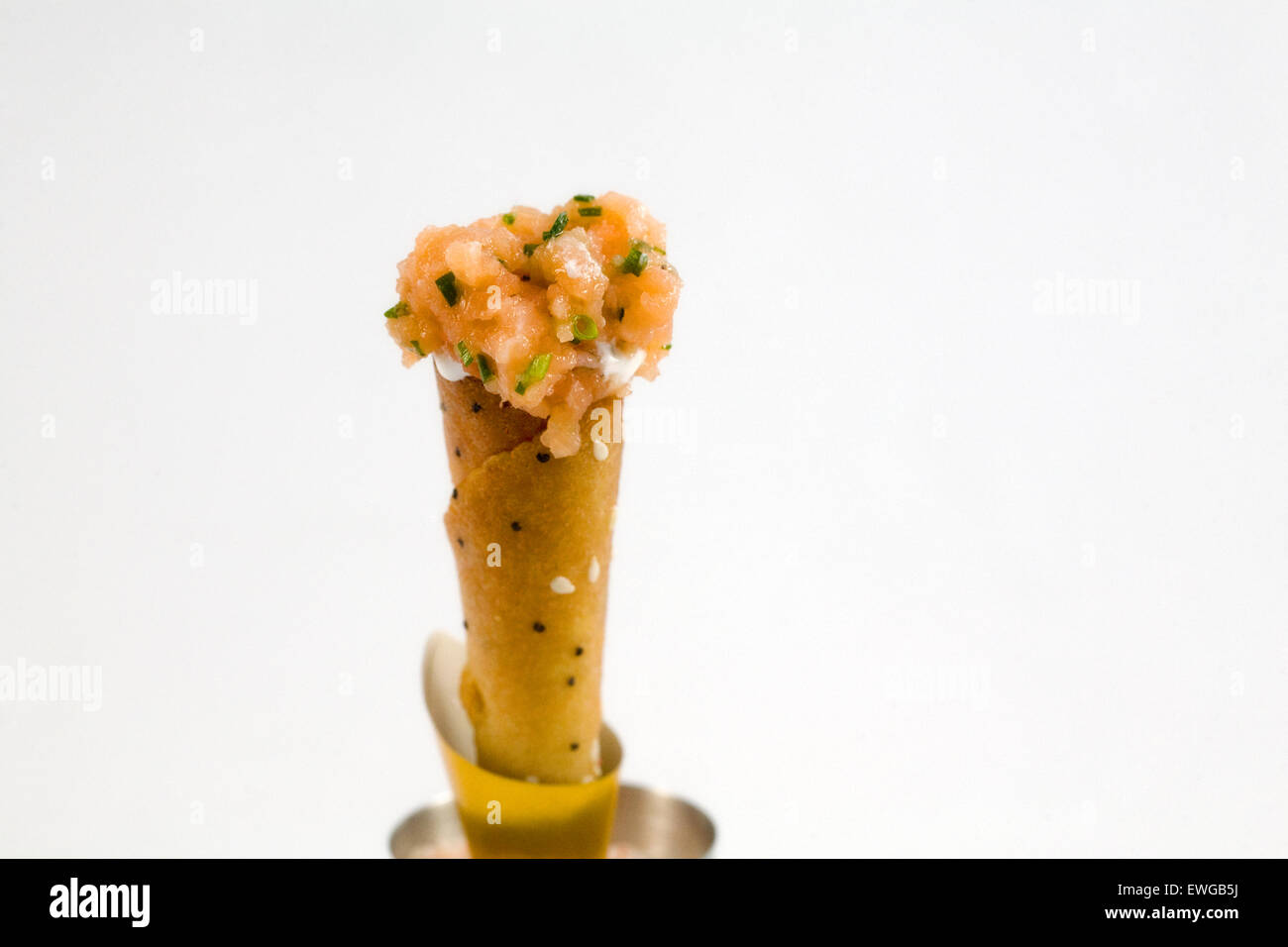Salmon Tartar Appetizer in a Rolled Cornet Standing in Salt Cup Stock ...