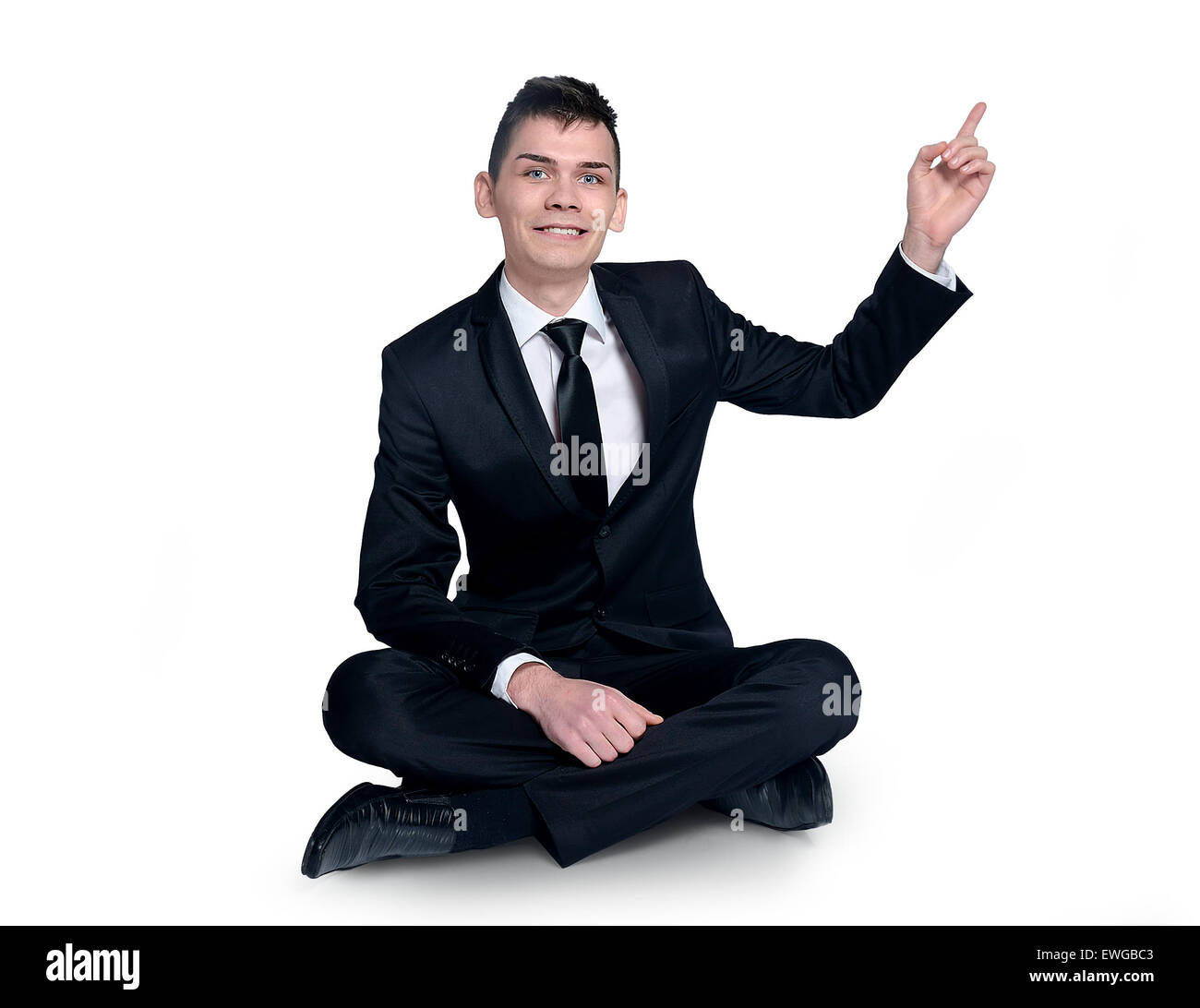 Business man pointing up corner Stock Photo - Alamy