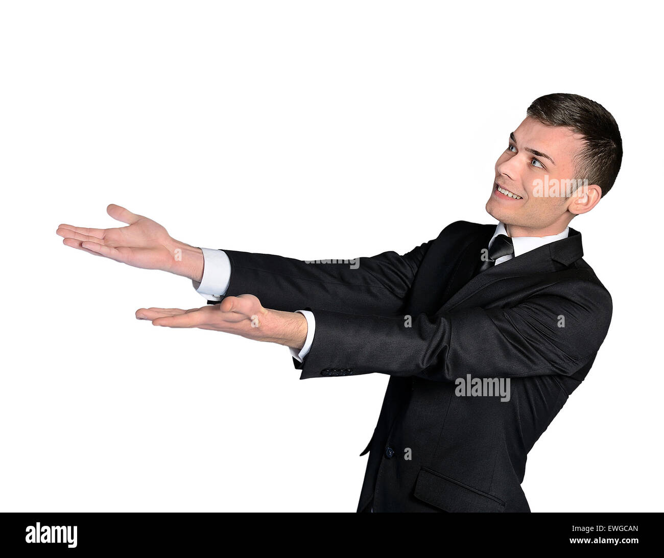 Isolated business man offering something Stock Photo - Alamy