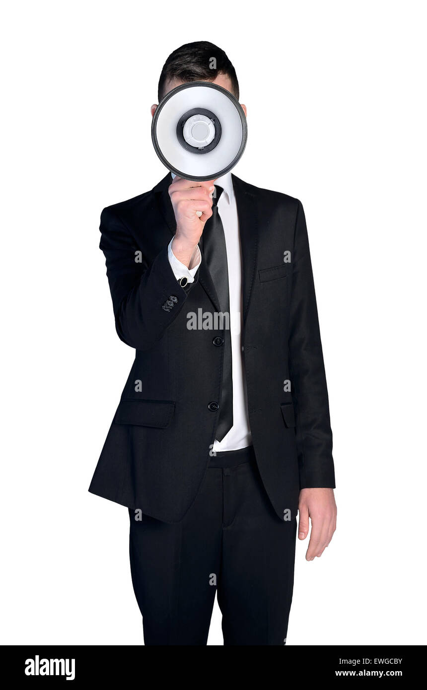 Isolated business man with loudspeaker Stock Photo - Alamy