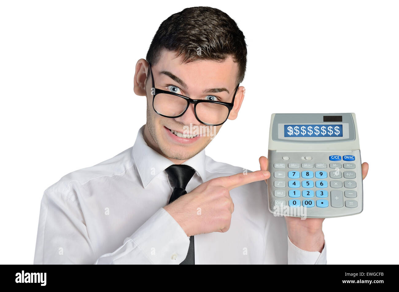 Funny man with hand calculator Stock Photo - Alamy