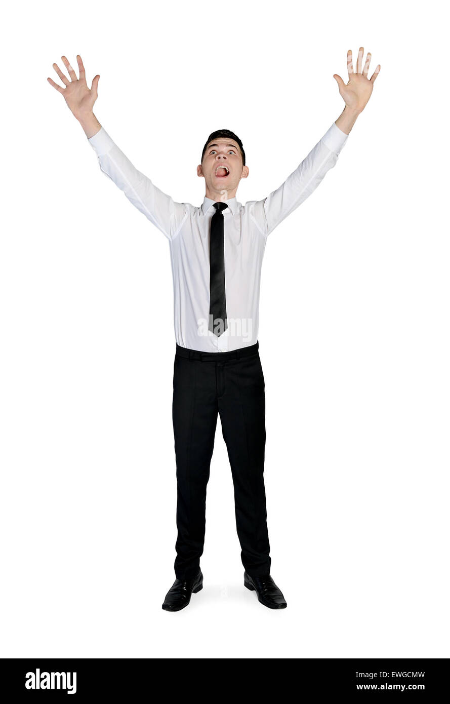 Happy business man hands up Stock Photo - Alamy