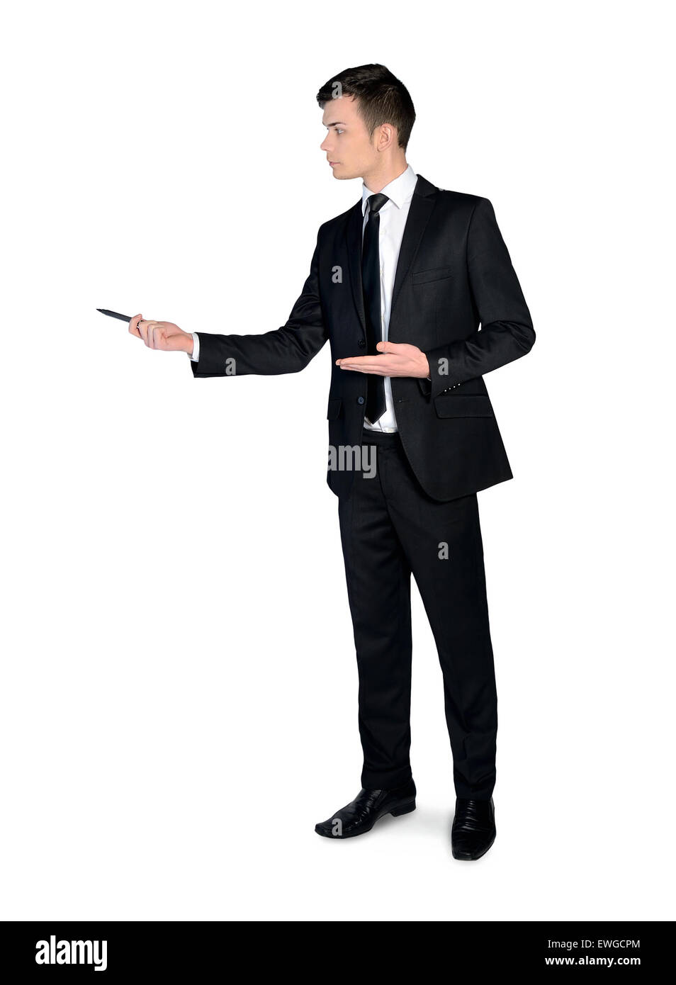 Isolated business man presenting something Stock Photo - Alamy