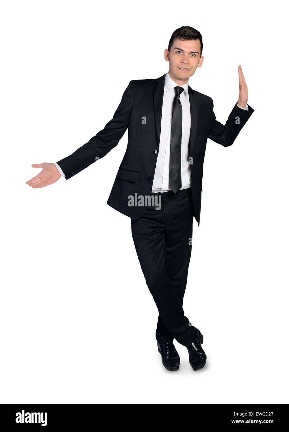 Isolated business man presenting something Stock Photo - Alamy