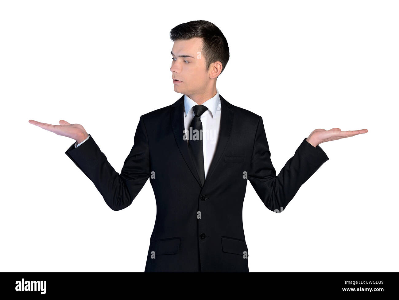 Isolated business man presenting something Stock Photo - Alamy