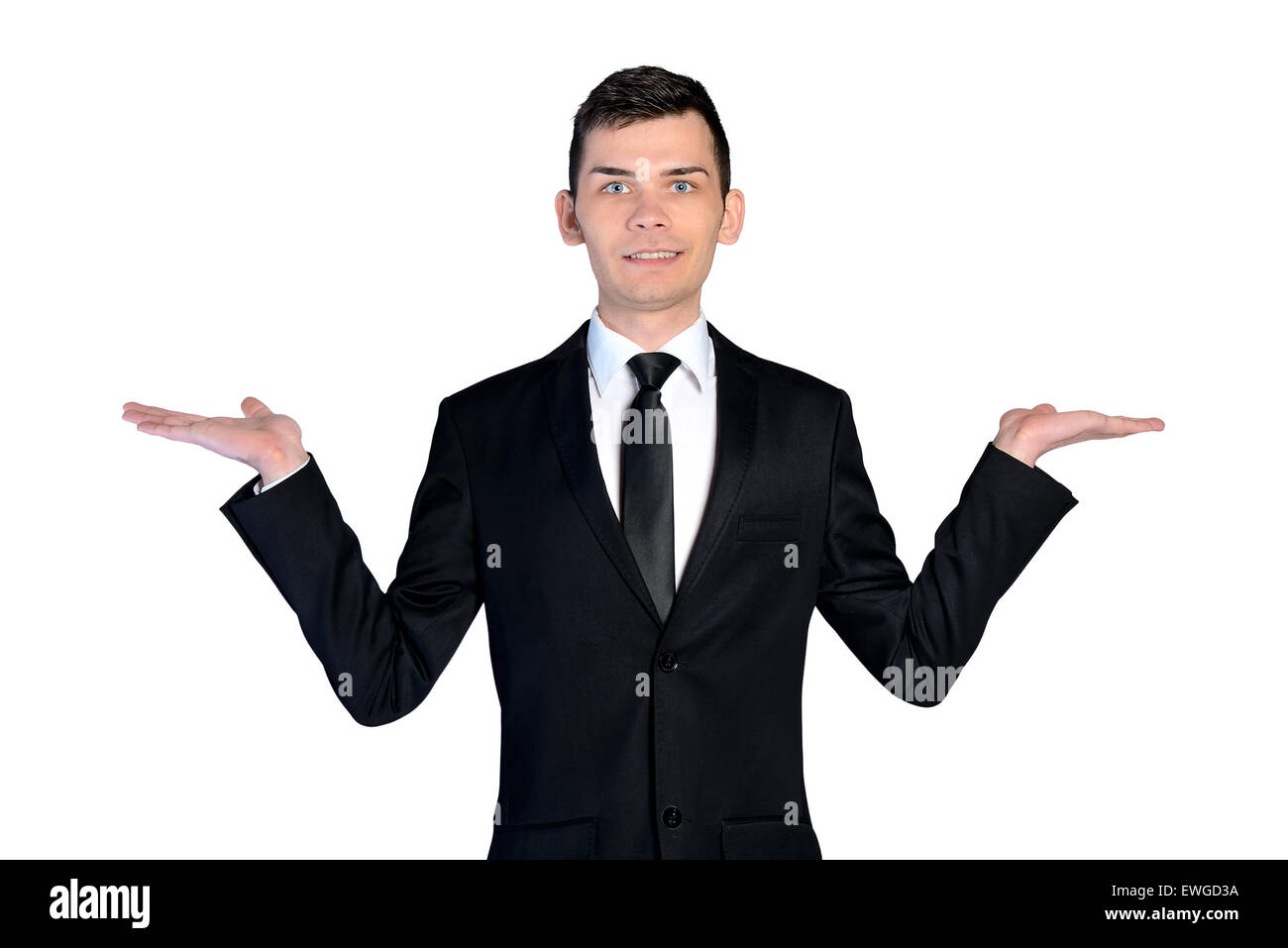 Isolated business man presenting something Stock Photo - Alamy
