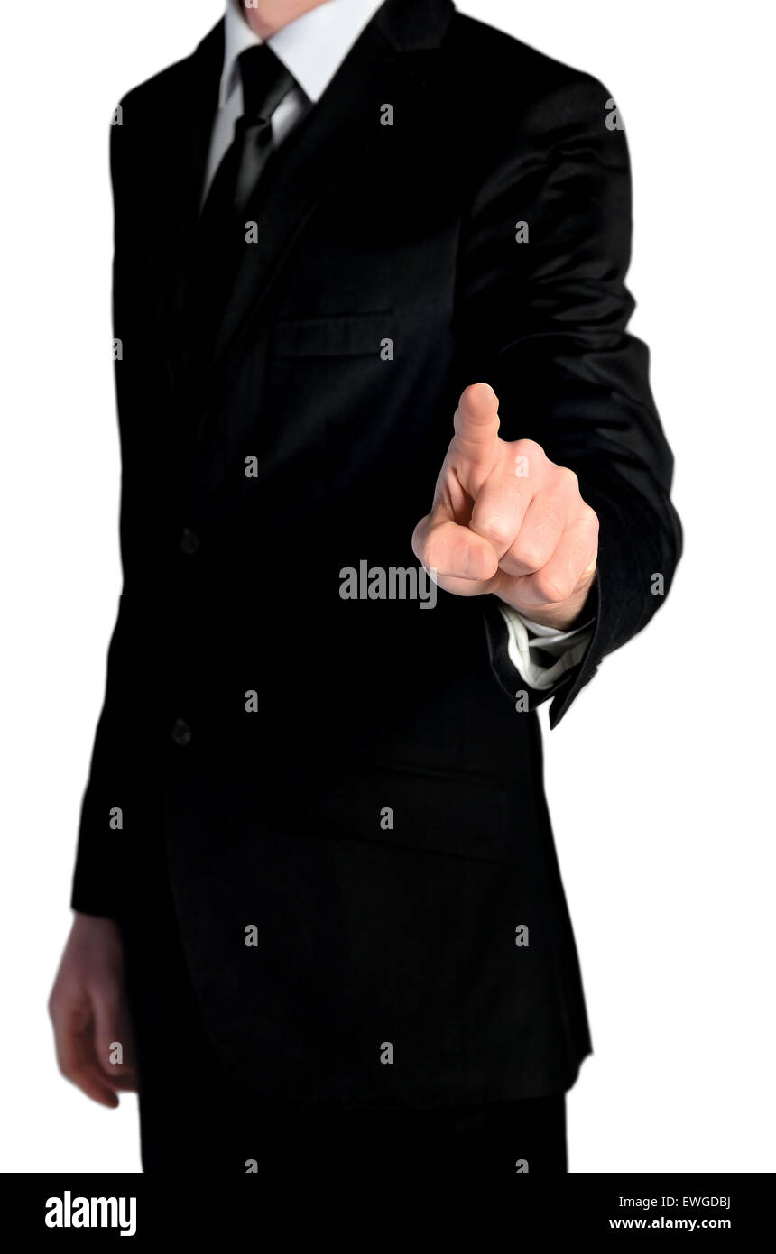 Isolated business man press something Stock Photo - Alamy