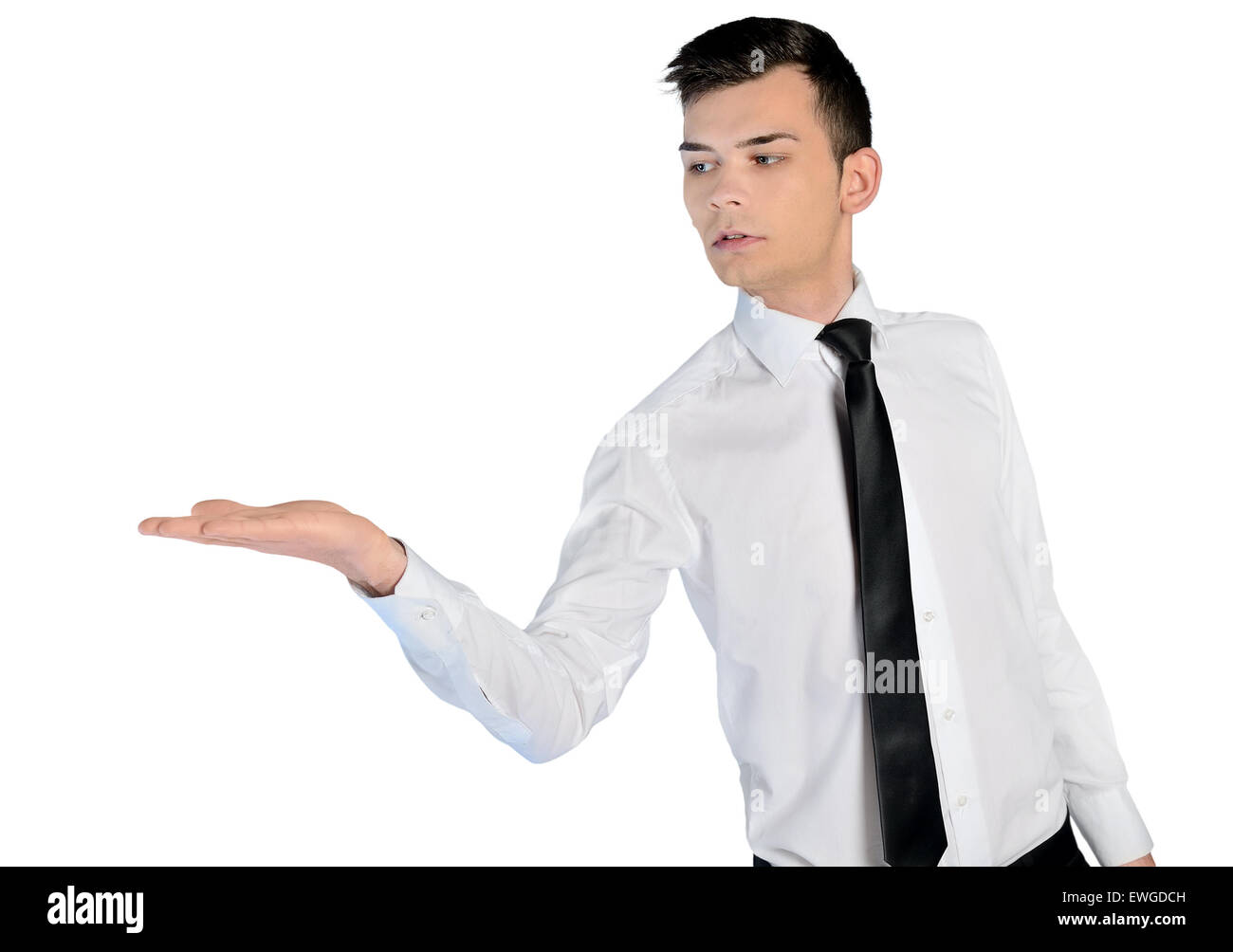 Isolated business man presenting something Stock Photo - Alamy