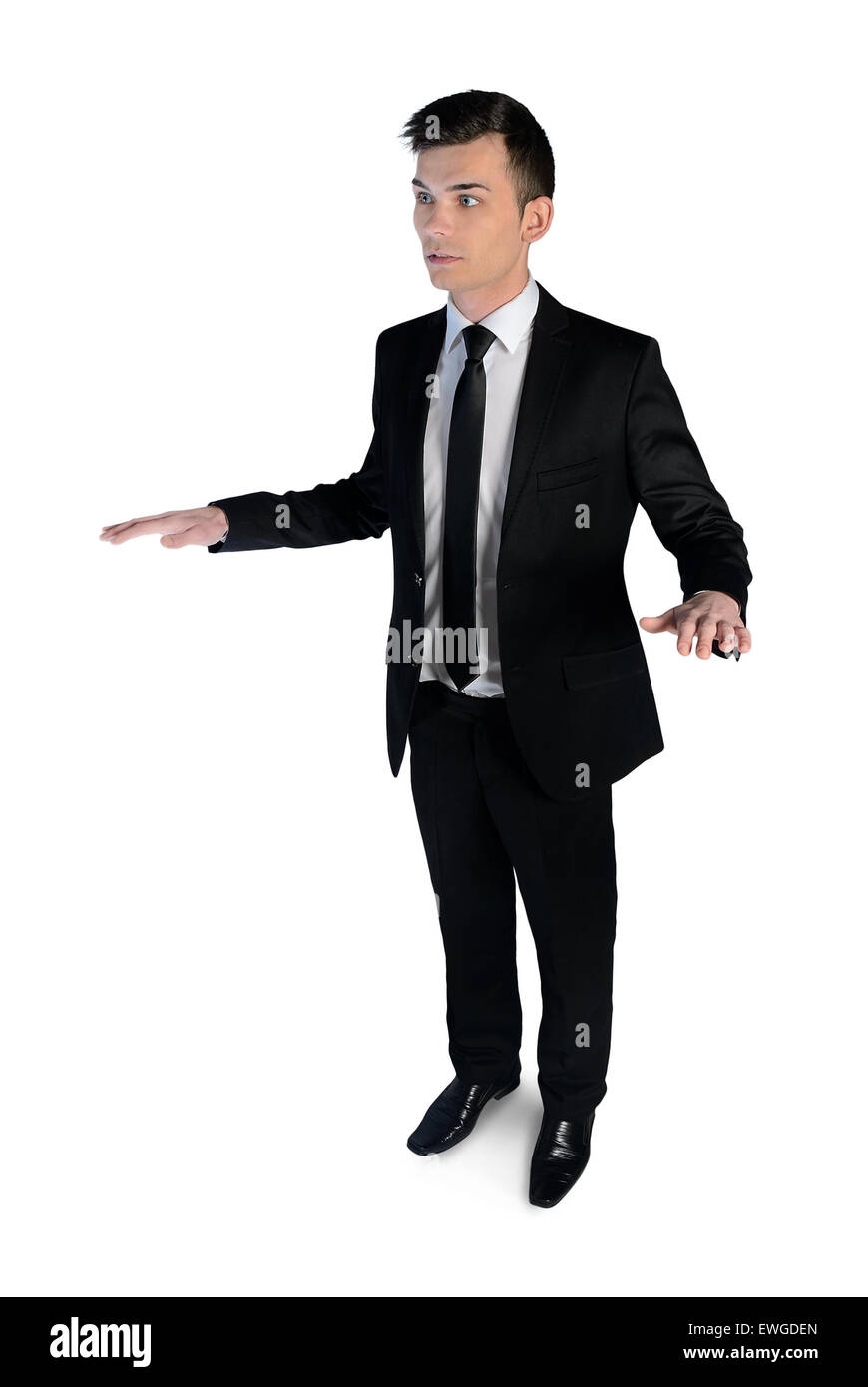 Isolated business man presenting something Stock Photo - Alamy