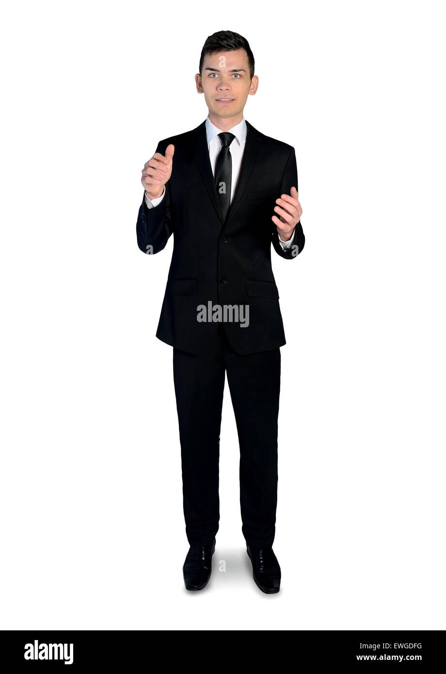 Isolated business man presenting something Stock Photo - Alamy