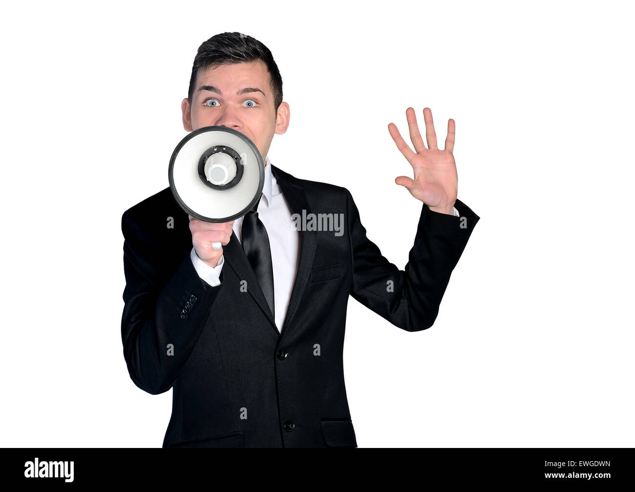 Isolated business man with loudspeaker Stock Photo - Alamy