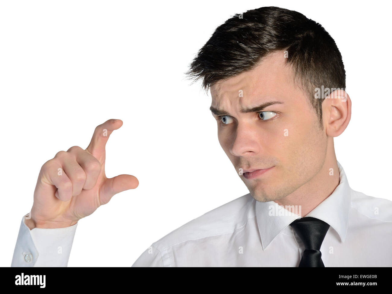 Isolated business man presenting something small Stock Photo - Alamy