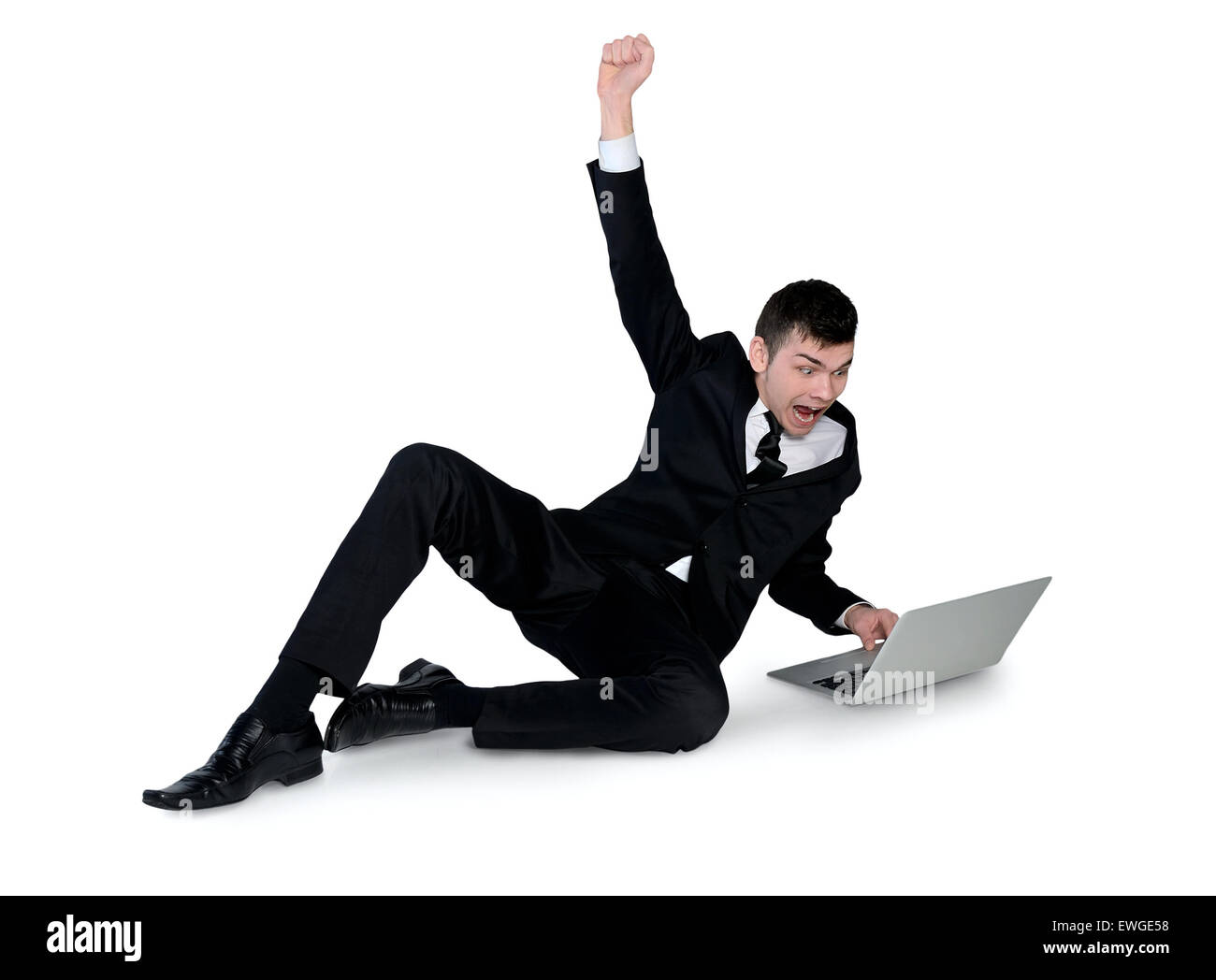 Isolated business man winner with hands up Stock Photo - Alamy