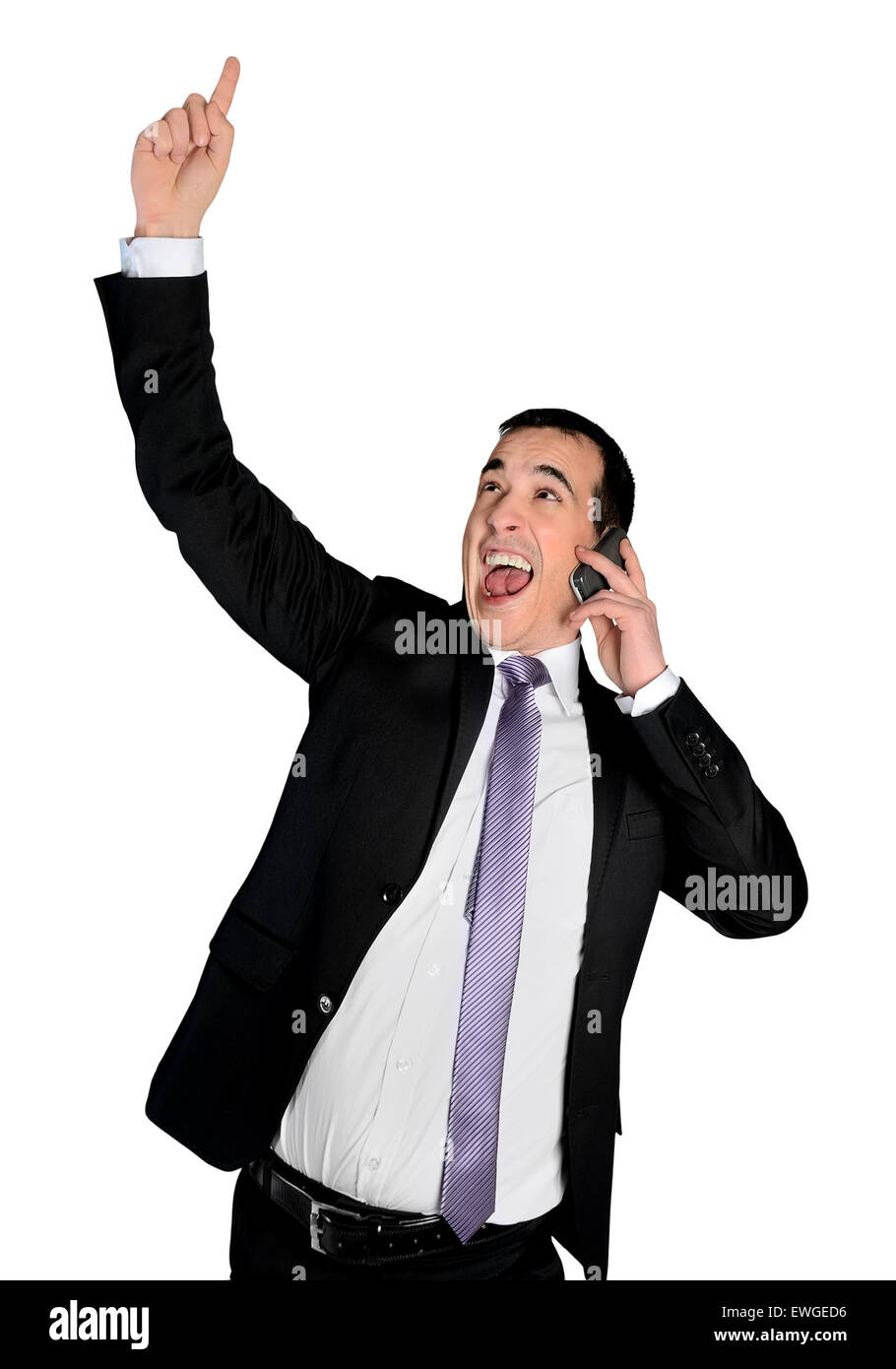 Isolated business man winning talk phone Stock Photo - Alamy