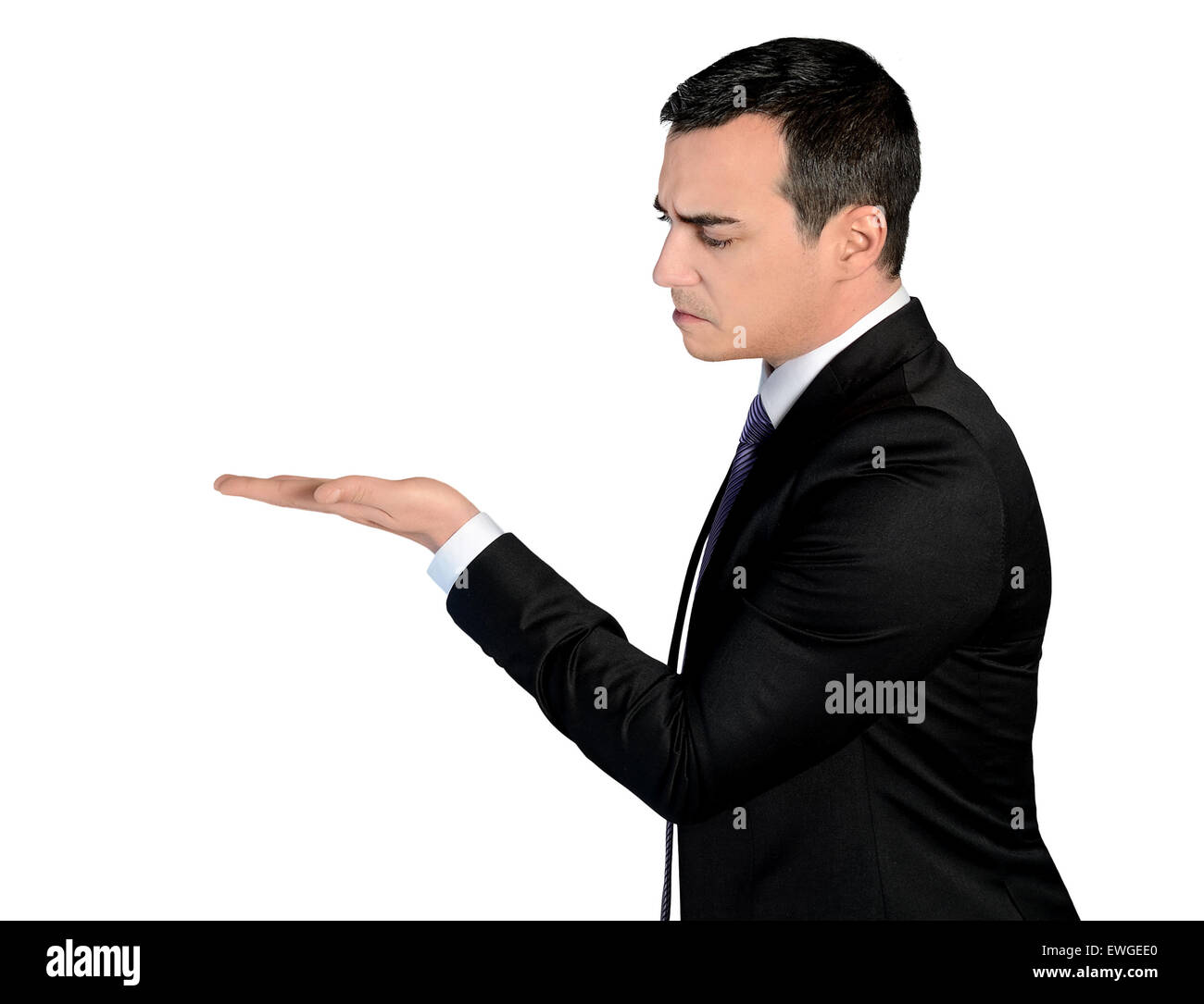 Isolated business man presenting something suspicious Stock Photo - Alamy