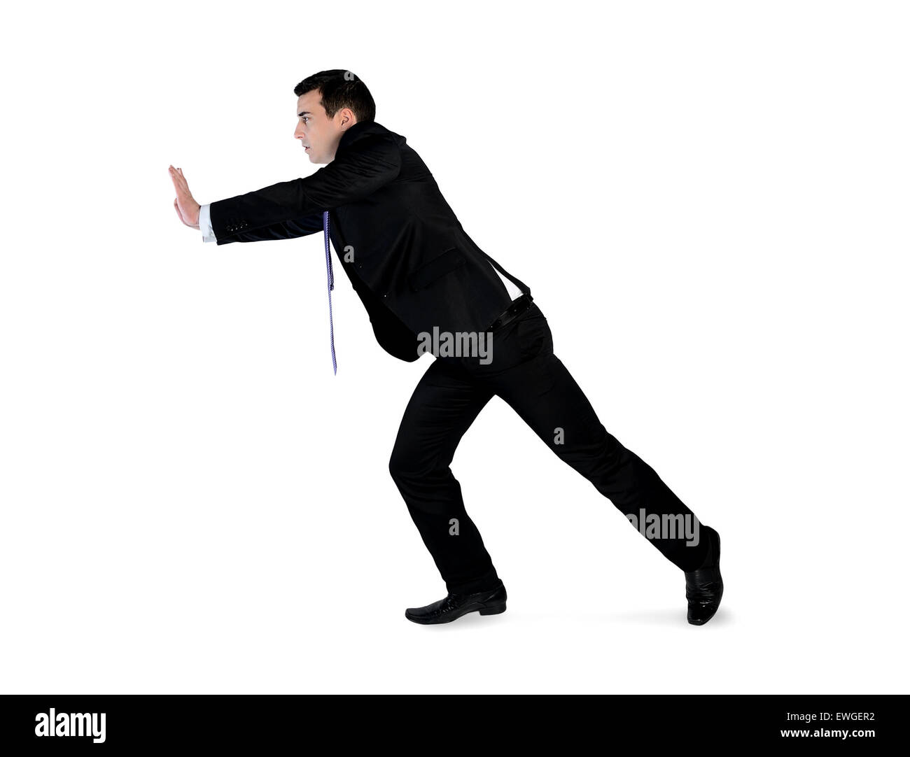 Isolated business man push something Stock Photo - Alamy